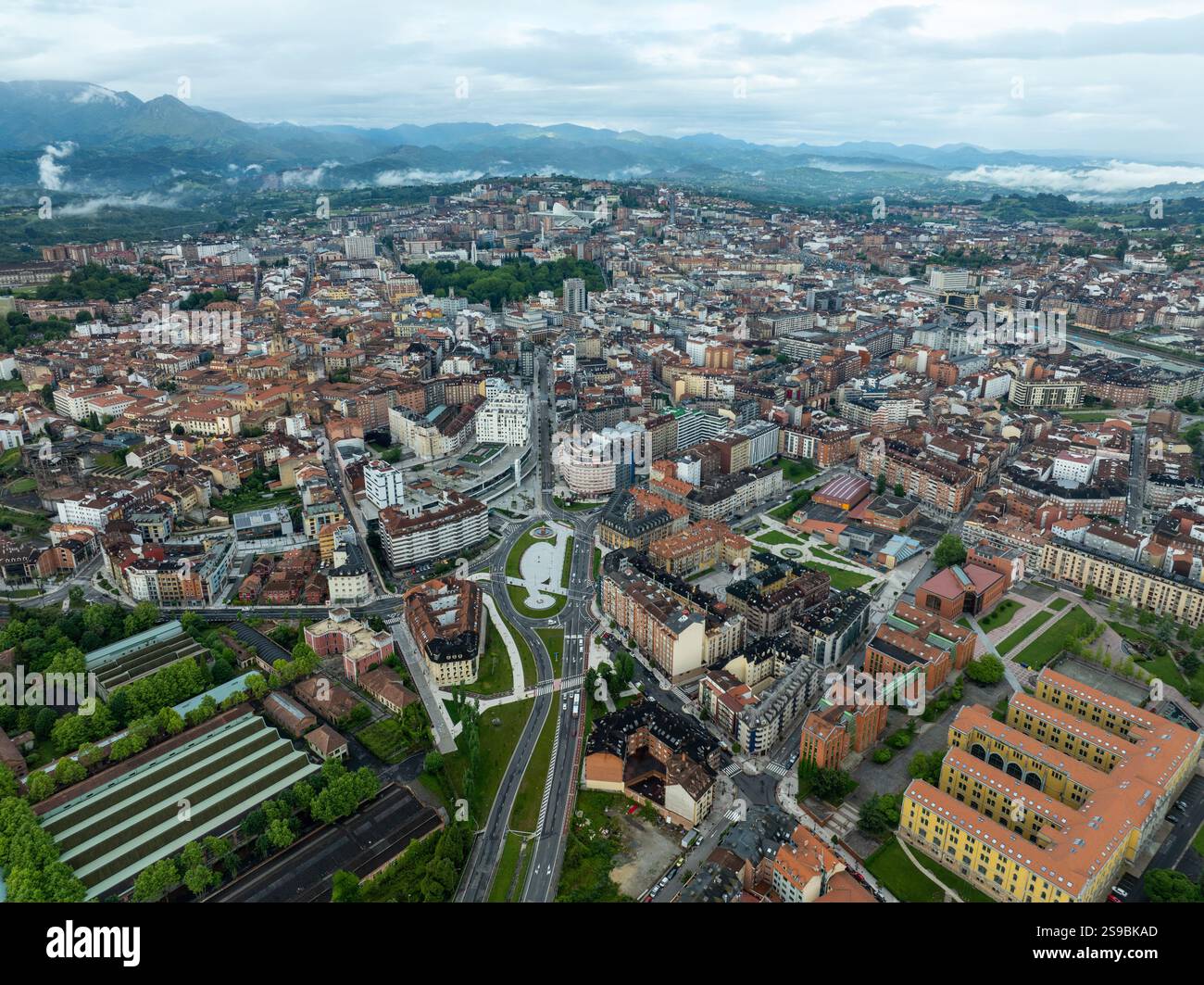 Aerial view of beautiful old town architecture and city streets, Oviedo ...
