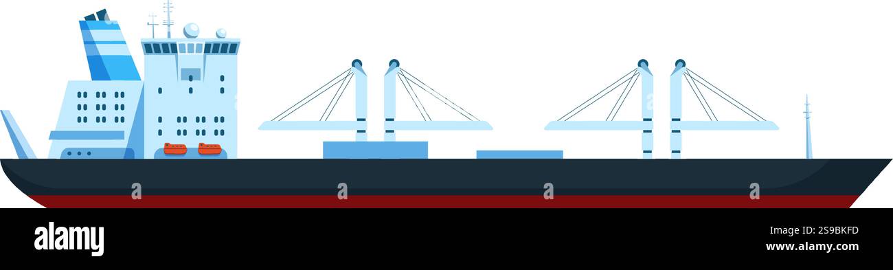 Container ship sailing on white background, equipped with cranes for ...