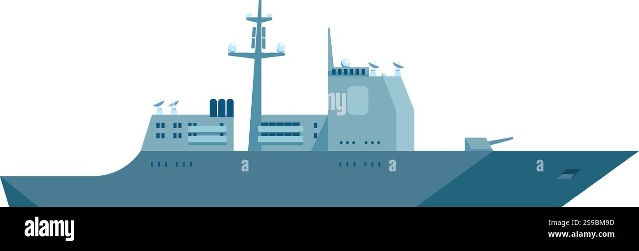 Modern warship equipped with radar, antenna, and weapon systems is ...