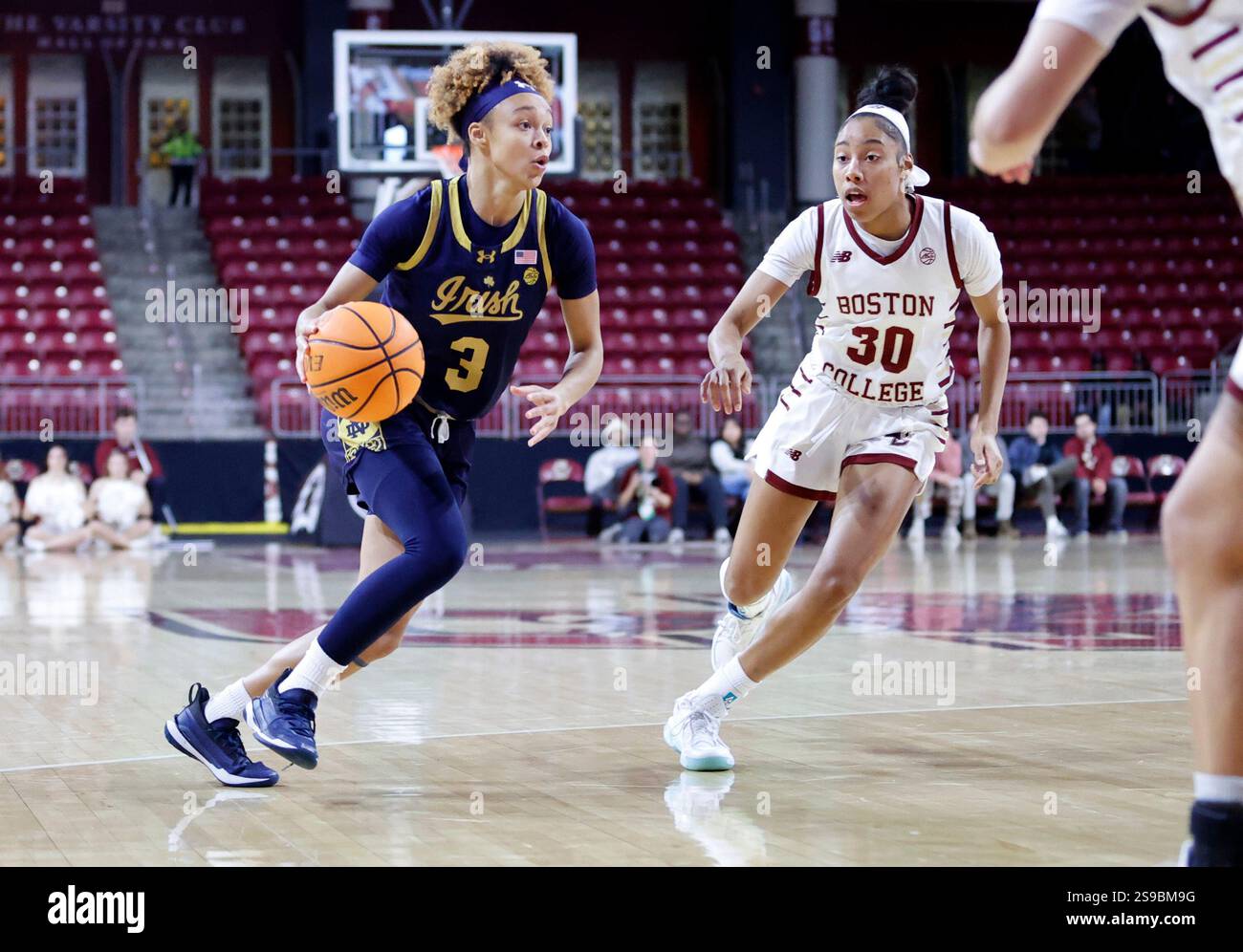 Notre Dame guard Hannah Hidalgo (3) drives past Boston College guard T ...