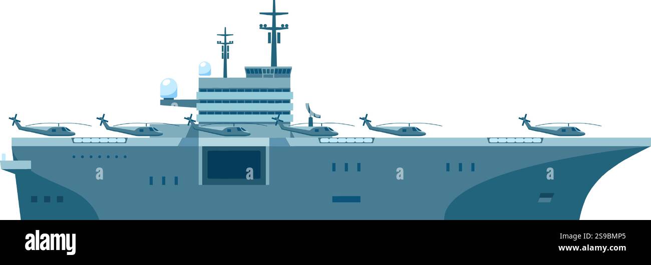 Illustration of a modern aircraft carrier with multiple helicopters ...