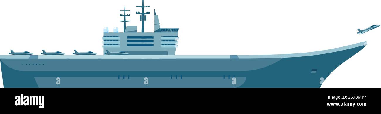 Powerful navy ship sailing on the ocean with fighter jets taking off ...