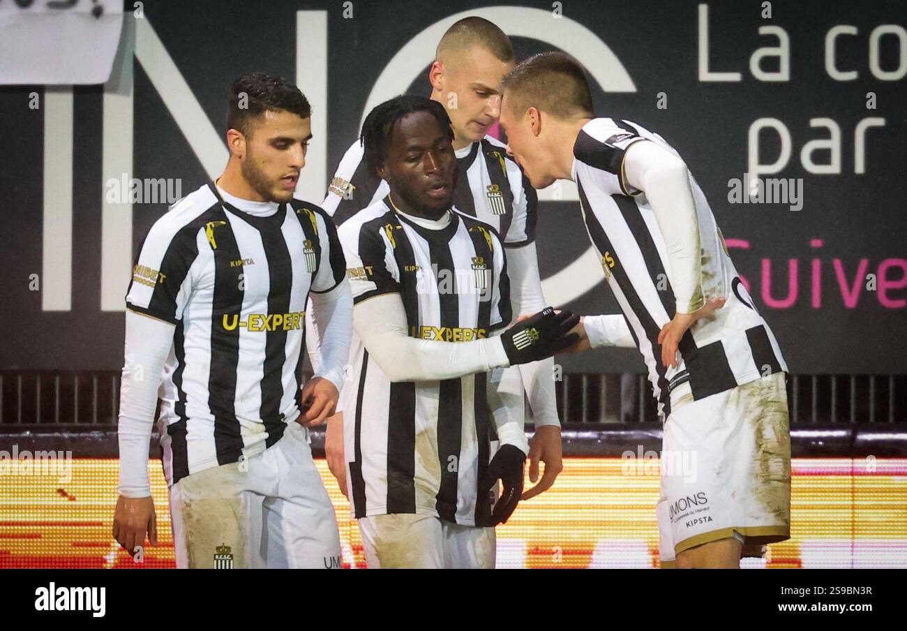 Charleroi's Parfait Guiagon celebrates after scoring during a soccer ...