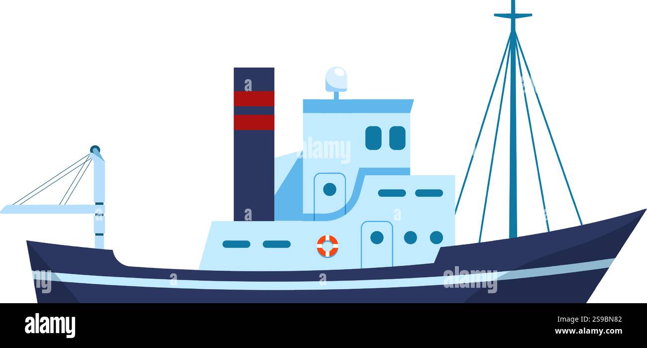Illustration of a modern cargo ship featuring a blue and white color ...