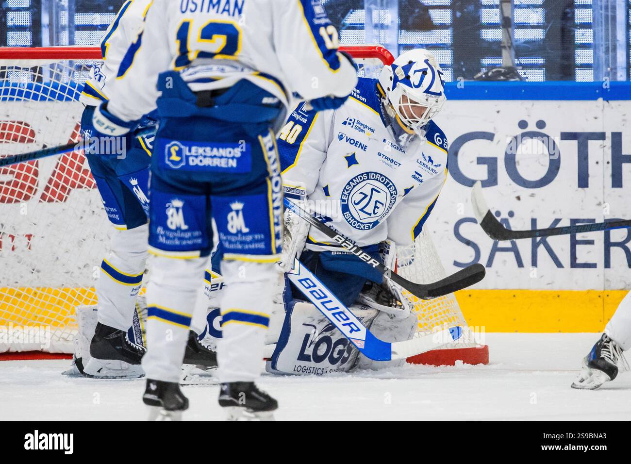 250125 Leksands målvakt Mantas Armalis under ishockeymatchen i SHL mellan Leksand och Linköping ...