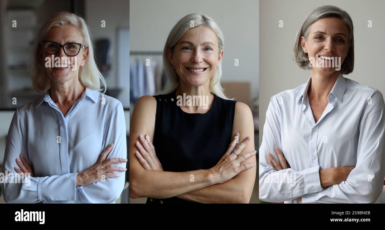 Collage of three happy confident businessladies posing at workplace ...