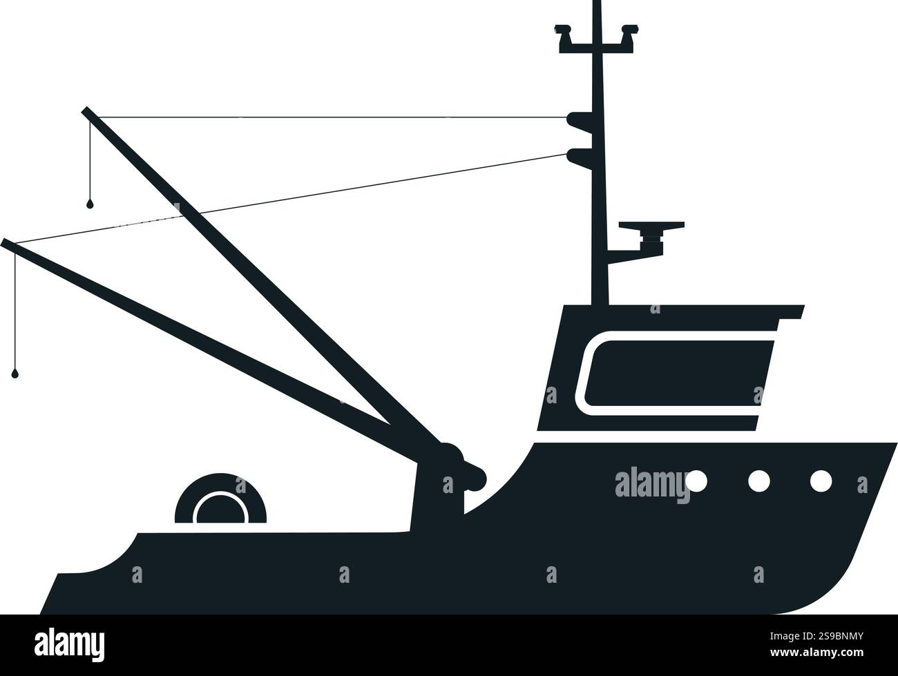 Black silhouette of a fishing trawler with rigging, winch, and radar ...
