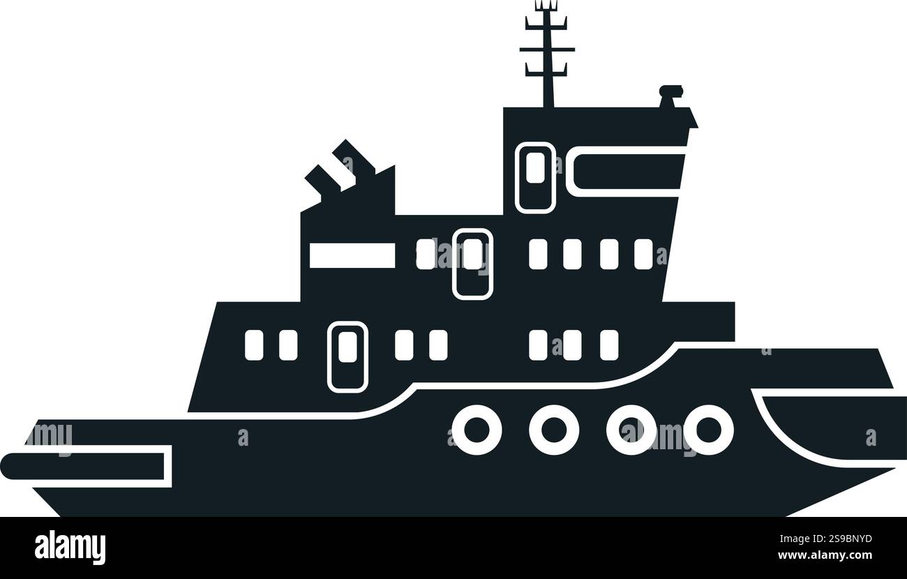 Black and white silhouette of a tugboat with detailed features ...