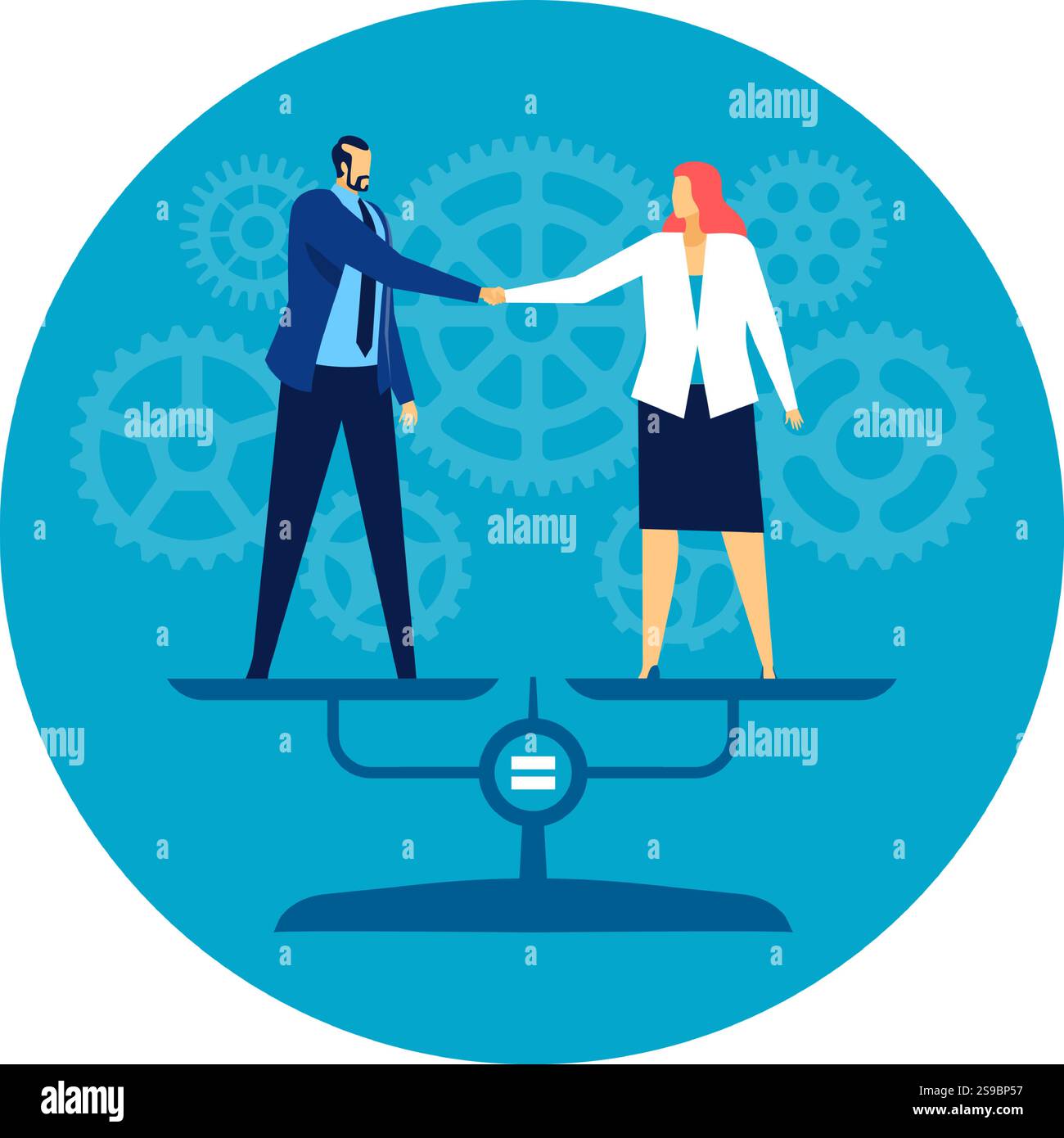Two businesspeople shaking hands on a balanced scale symbolize equality ...