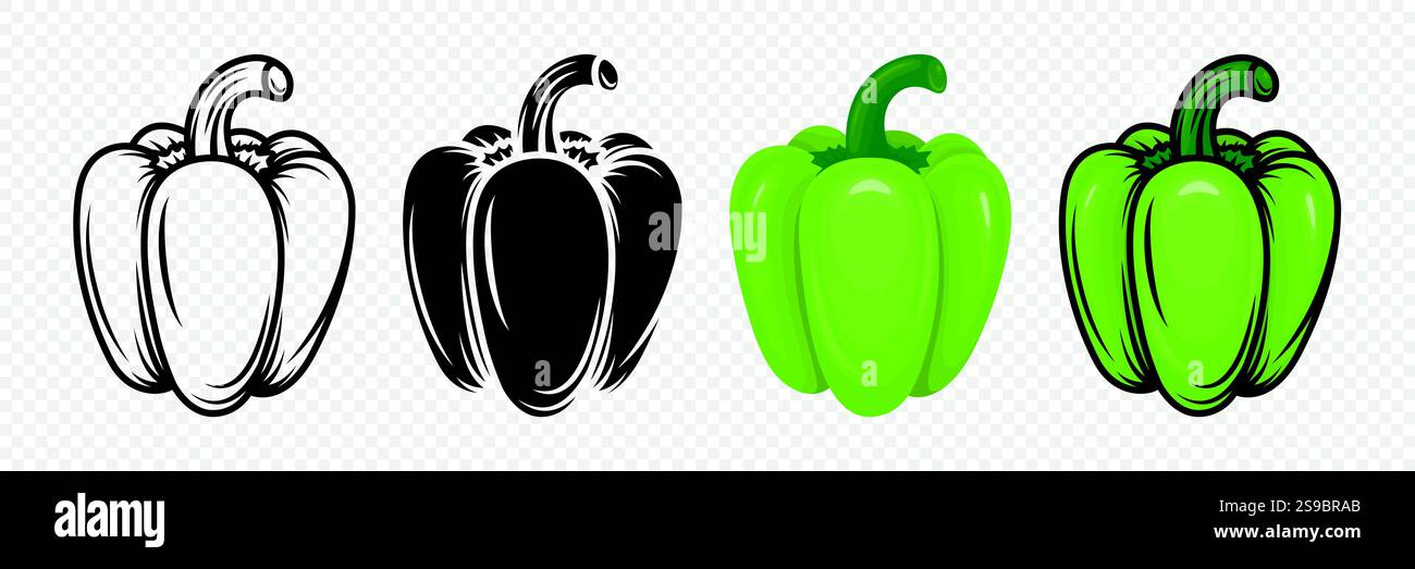 Hand-Drawn Vector Bell Peppers in Green, Outline and Full Color ...