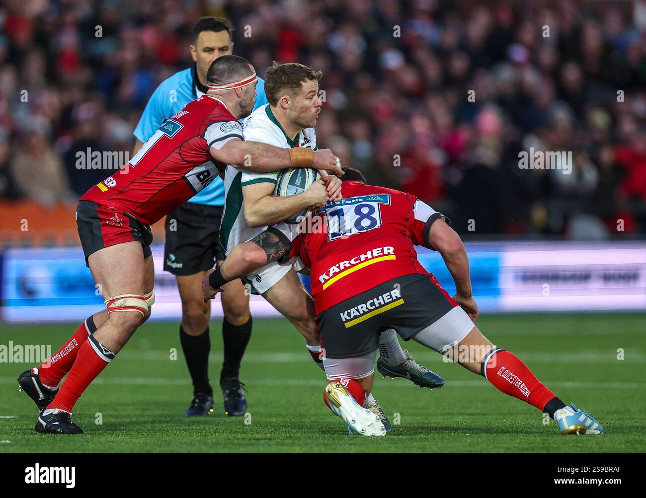 Leicester Tigers Tom Whiteley tackled by Gloucester's Lewis Ludlow ...