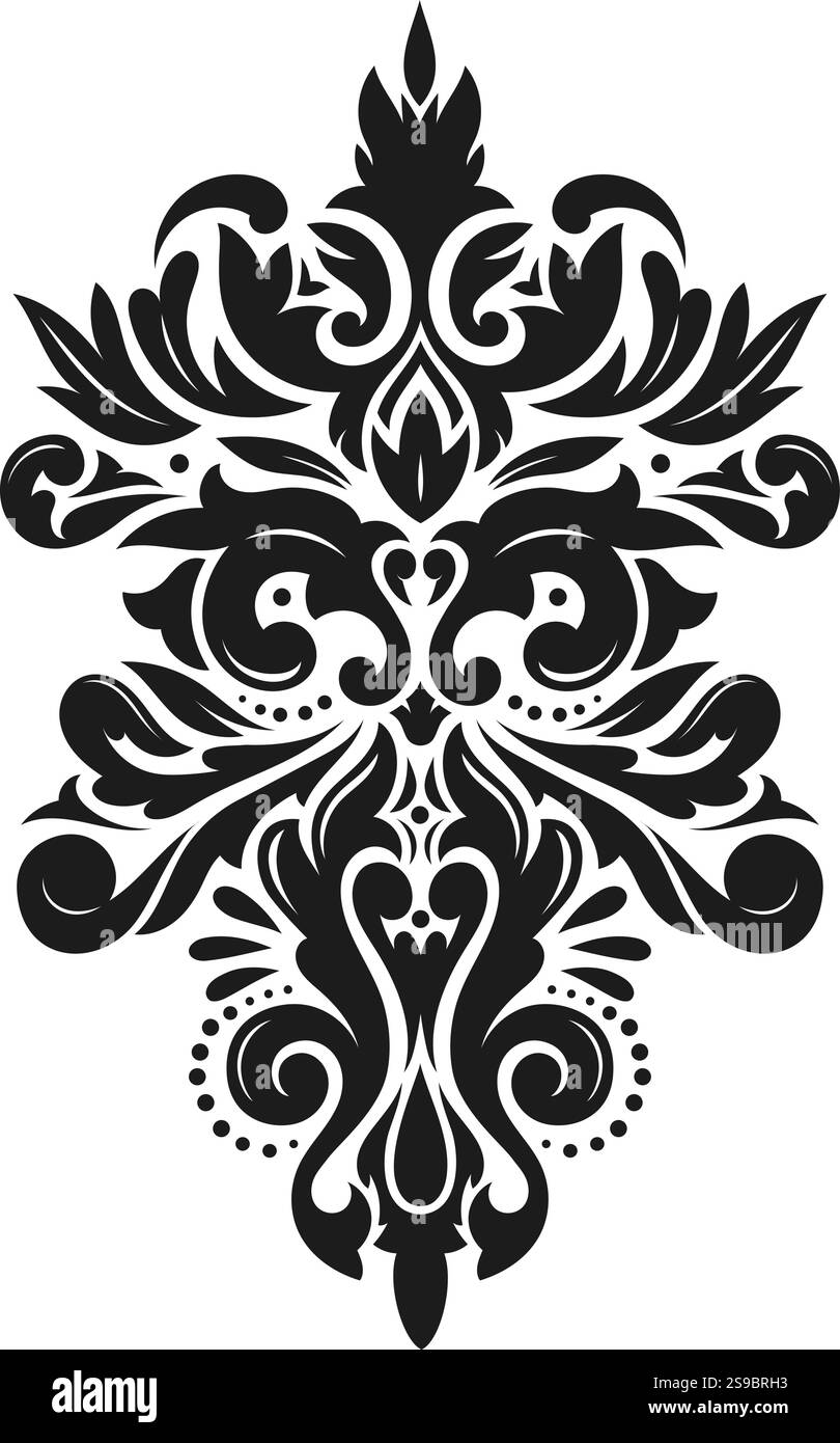 Symmetrical black and white damask pattern featuring vintage decorative ...