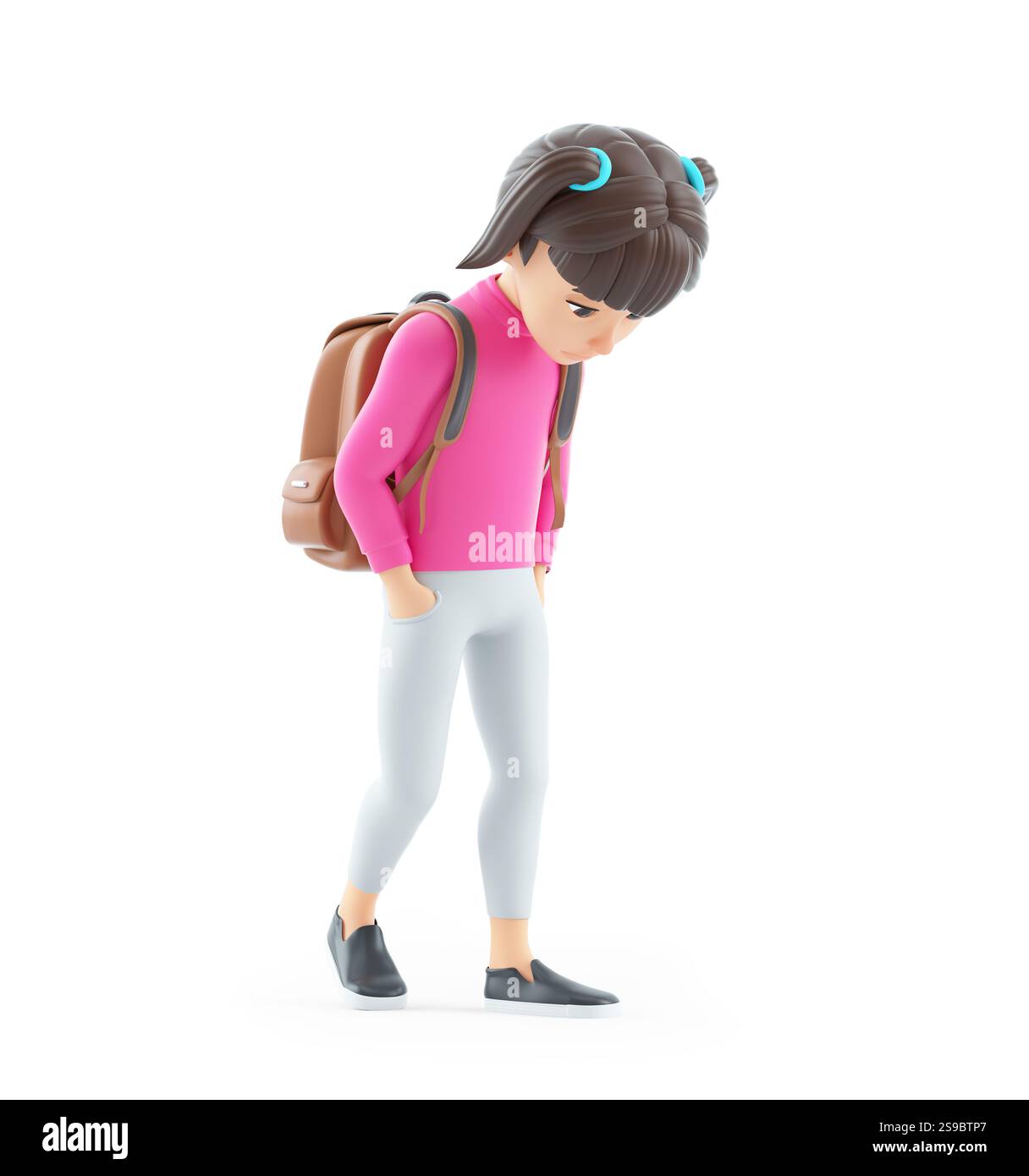 3d sad girl walking to school with backpack, illustration isolated on ...
