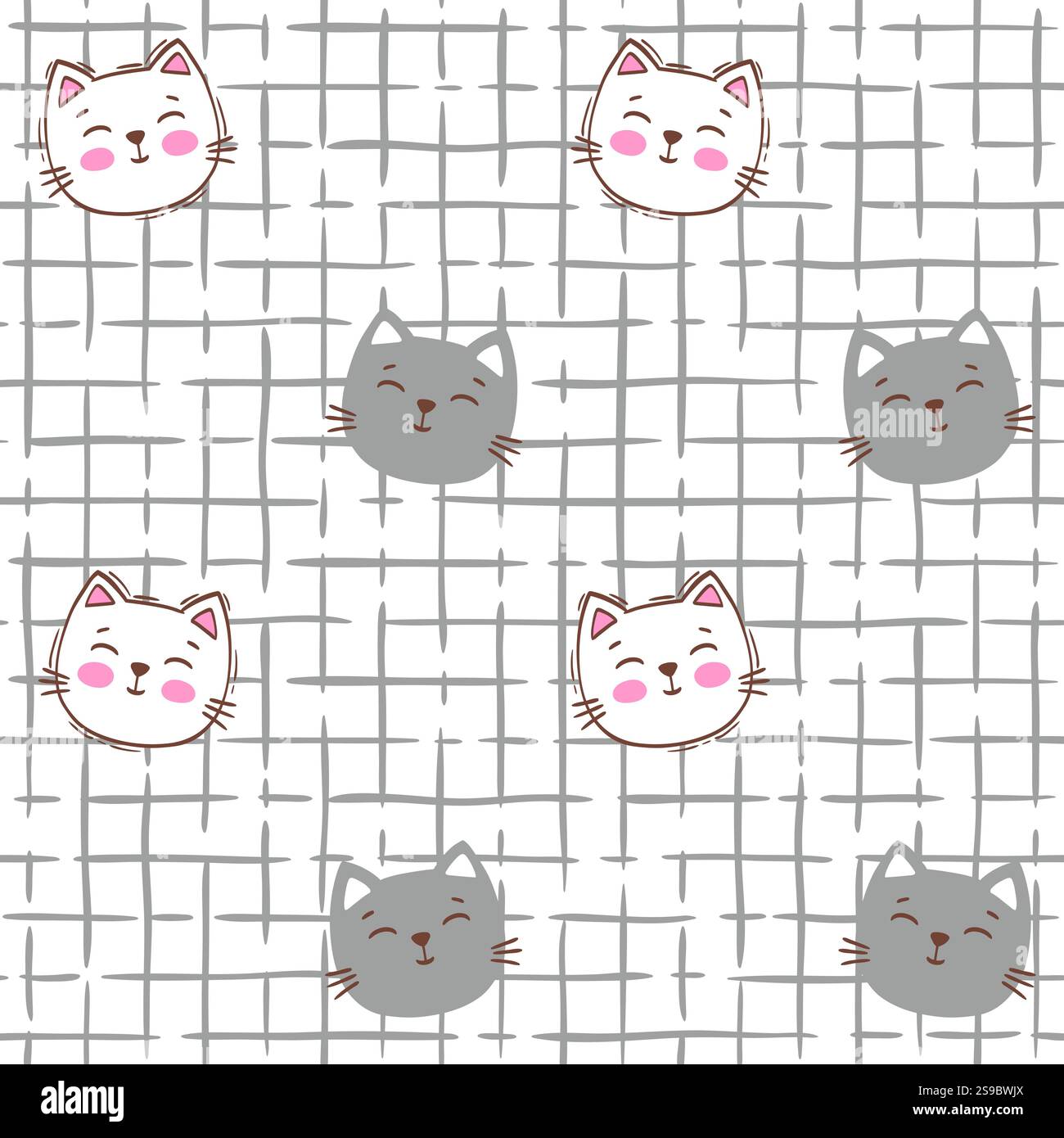 Seamless pattern. Sly cat faces and cat paw prints on grid background ...