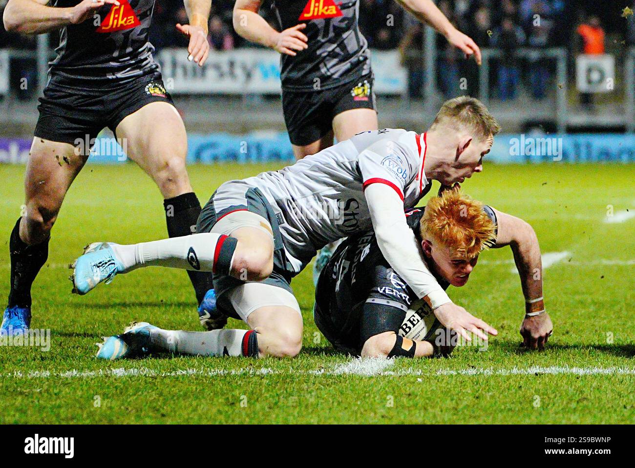 Exeter's Ben Hammersley is tackled during the Gallagher Premiership ...