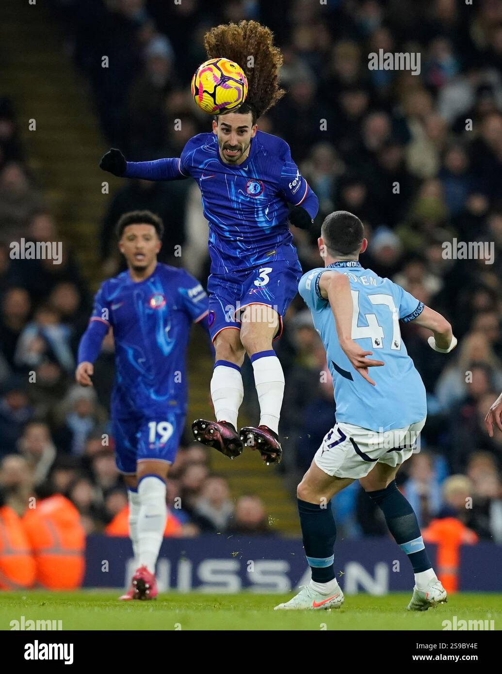 Manchester, England, 25th January 2025. Marc Cucurella (C) of Chelsea ...
