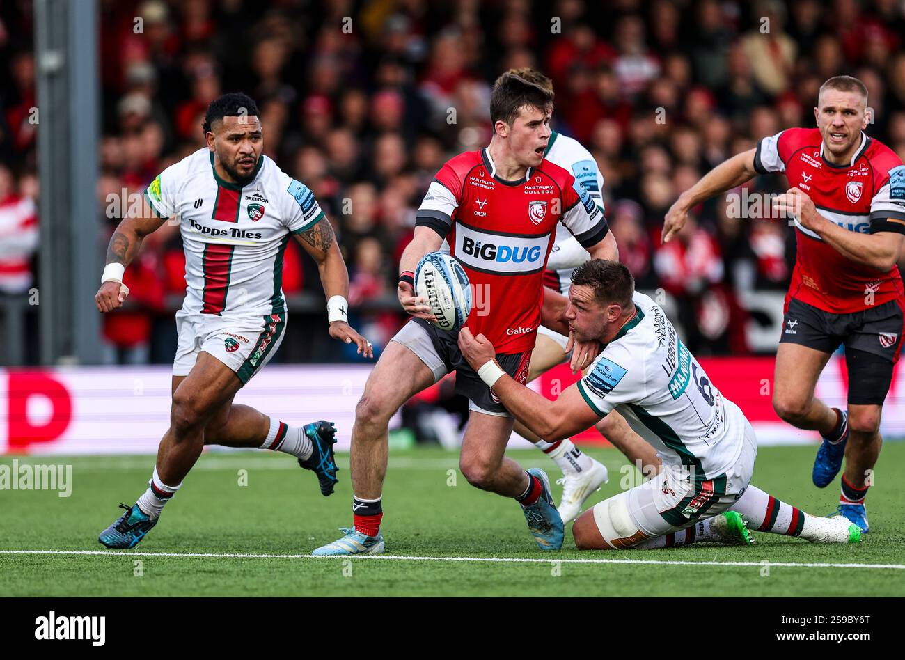 Gloucester's Seb Atkinson tackled by Leicester Tigers Hanro Liebenberg ...
