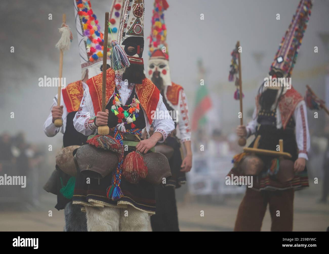 Masked Bulgarian Kukeri dancers take part in the 31st International Festival of Masquerade Games ...