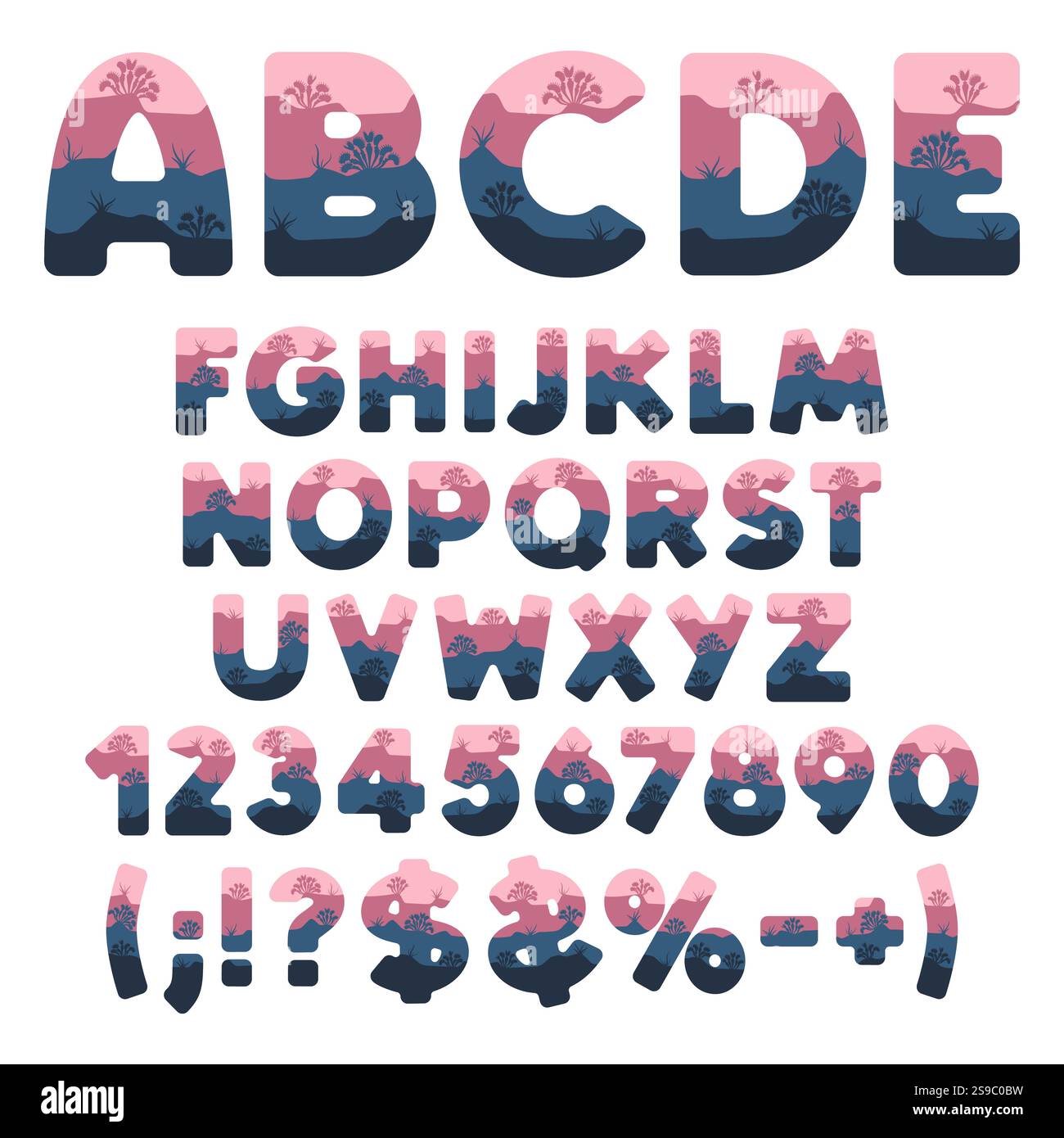 Font, alphabet, letter, number from layers with Venus flytrap and grass ...