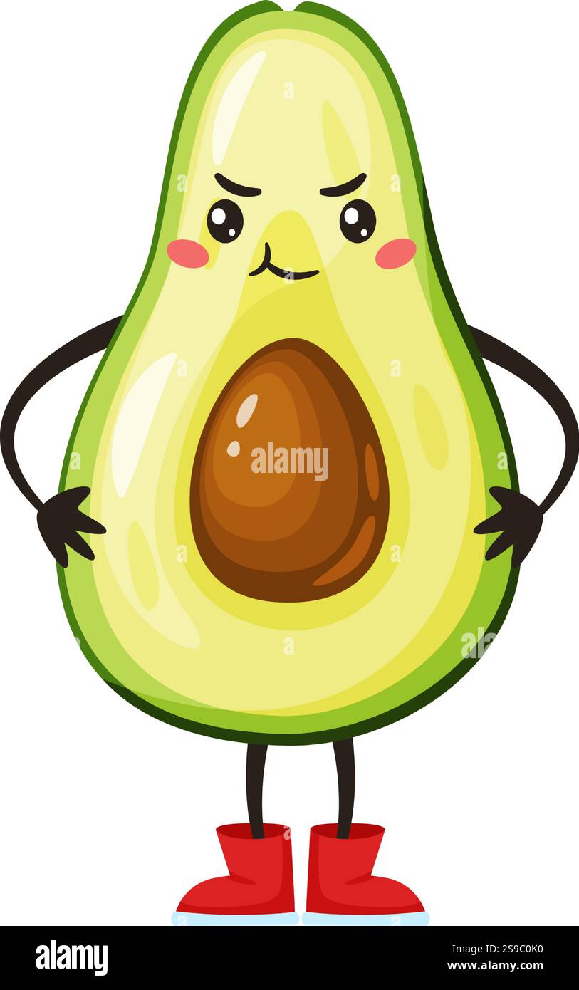 Funny avocado cartoon character wearing bright red boots, displaying an ...