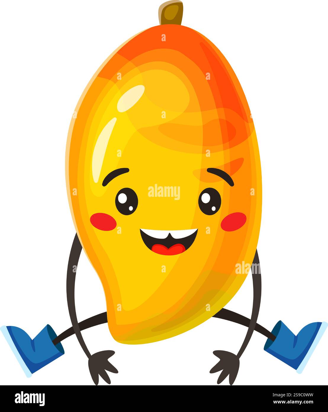 Cartoon illustration of a happy mango character sitting with its legs ...