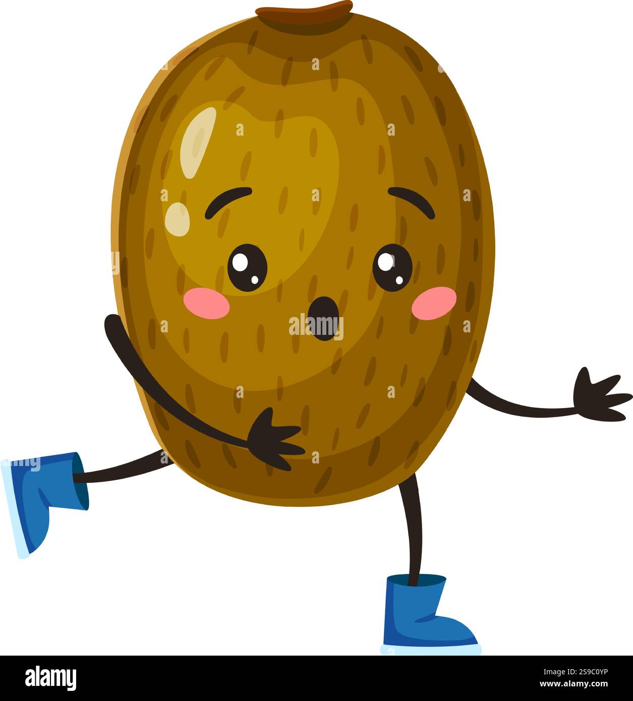 Funny, surprised kiwi fruit character wearing blue boots is joyfully ...