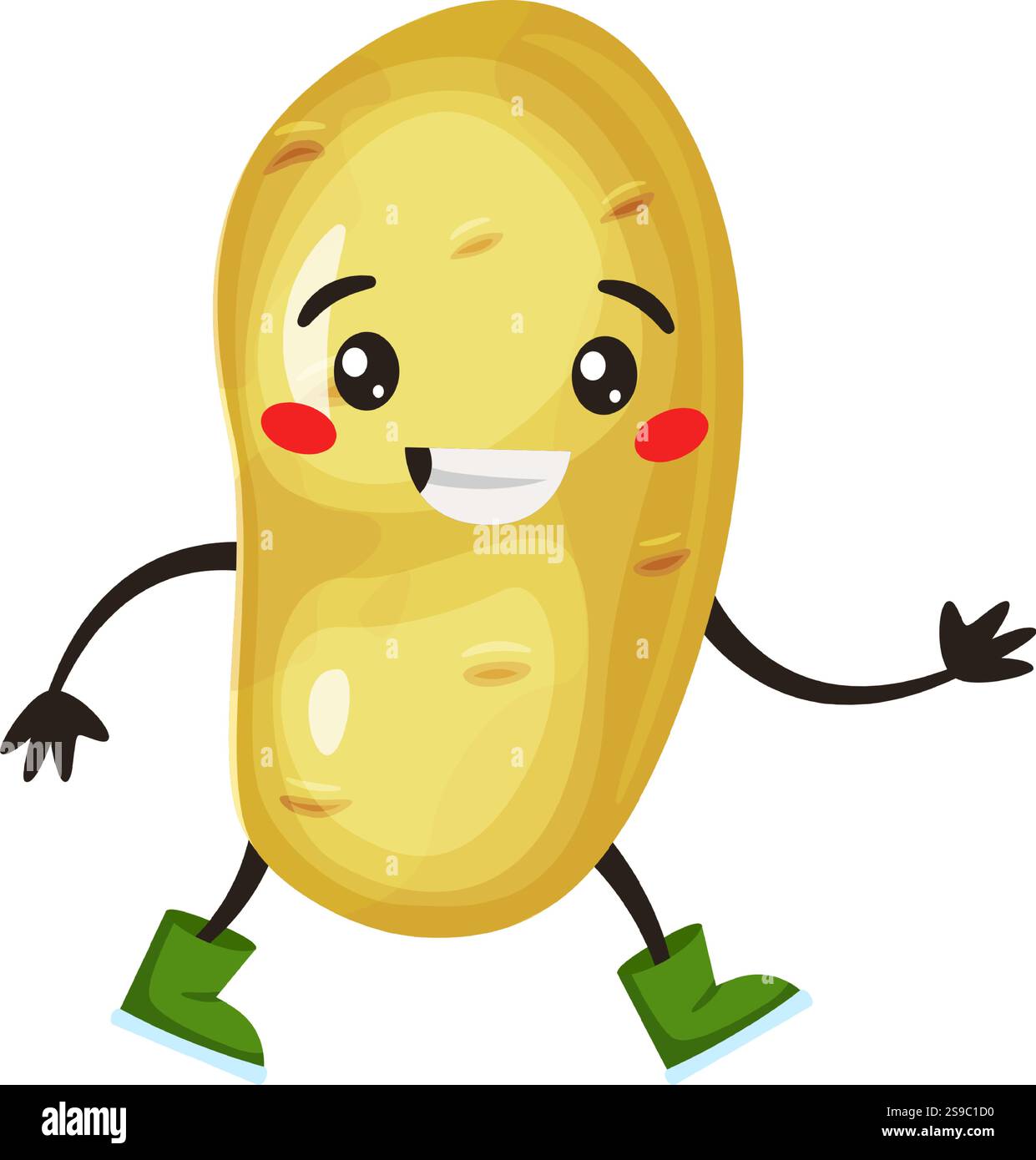 Cheerful, anthropomorphic potato with rosy cheeks, wearing green boots ...