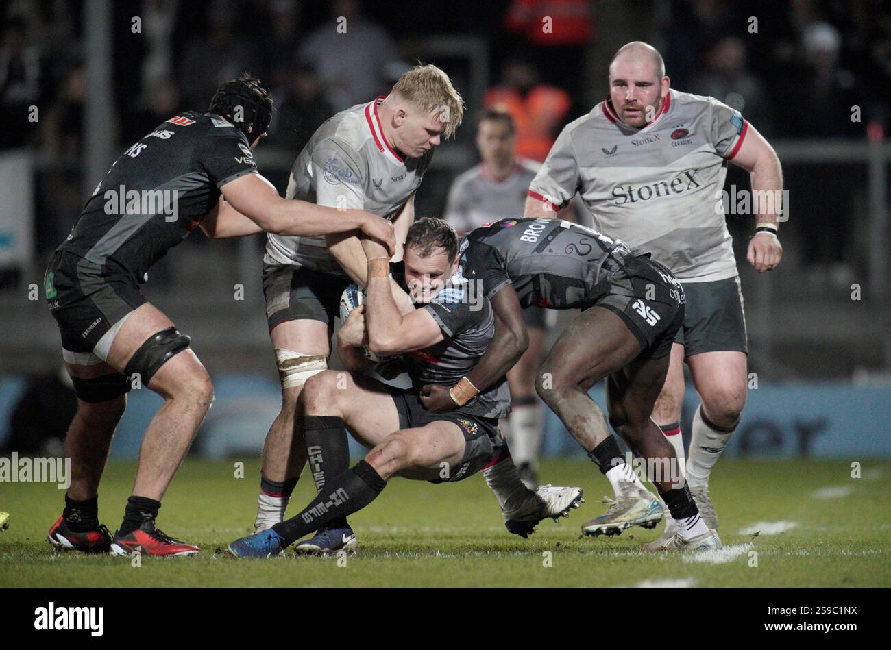 Exeter Chiefs' Tom Wyatt (centre) is tackled during the Gallagher ...
