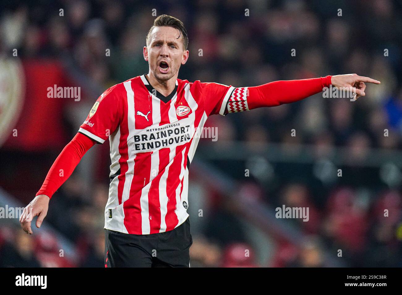 EINDHOVEN, NETHERLANDS - JANUARY 25: Luuk de Jong of PSV pointing ...