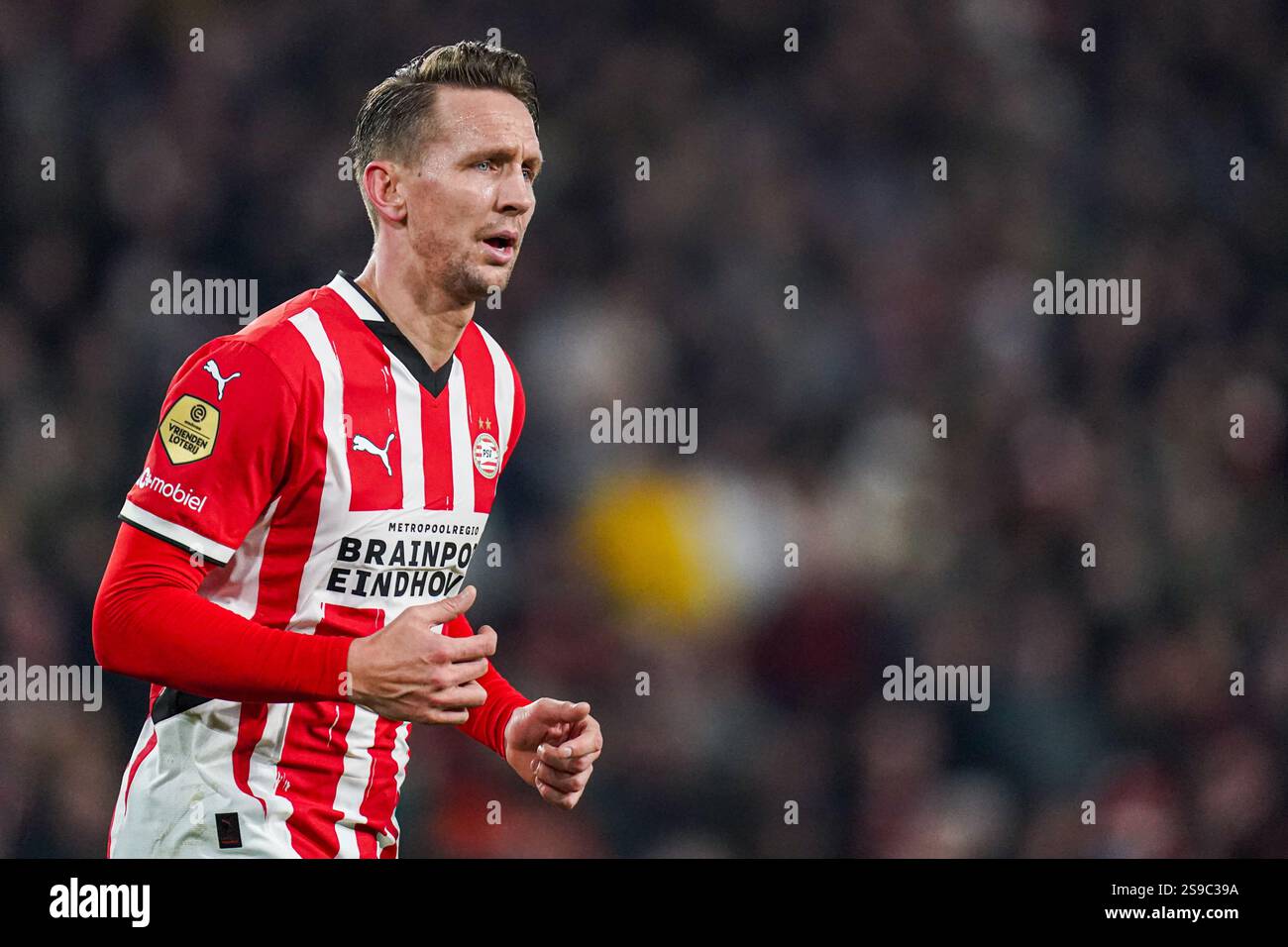 EINDHOVEN, NETHERLANDS - JANUARY 25: Luuk de Jong of PSV looks up ...