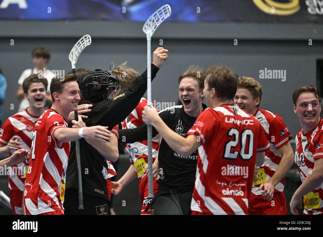 Pixbo IBK Wallenstam players celebrate victory in the Men's floorball ...