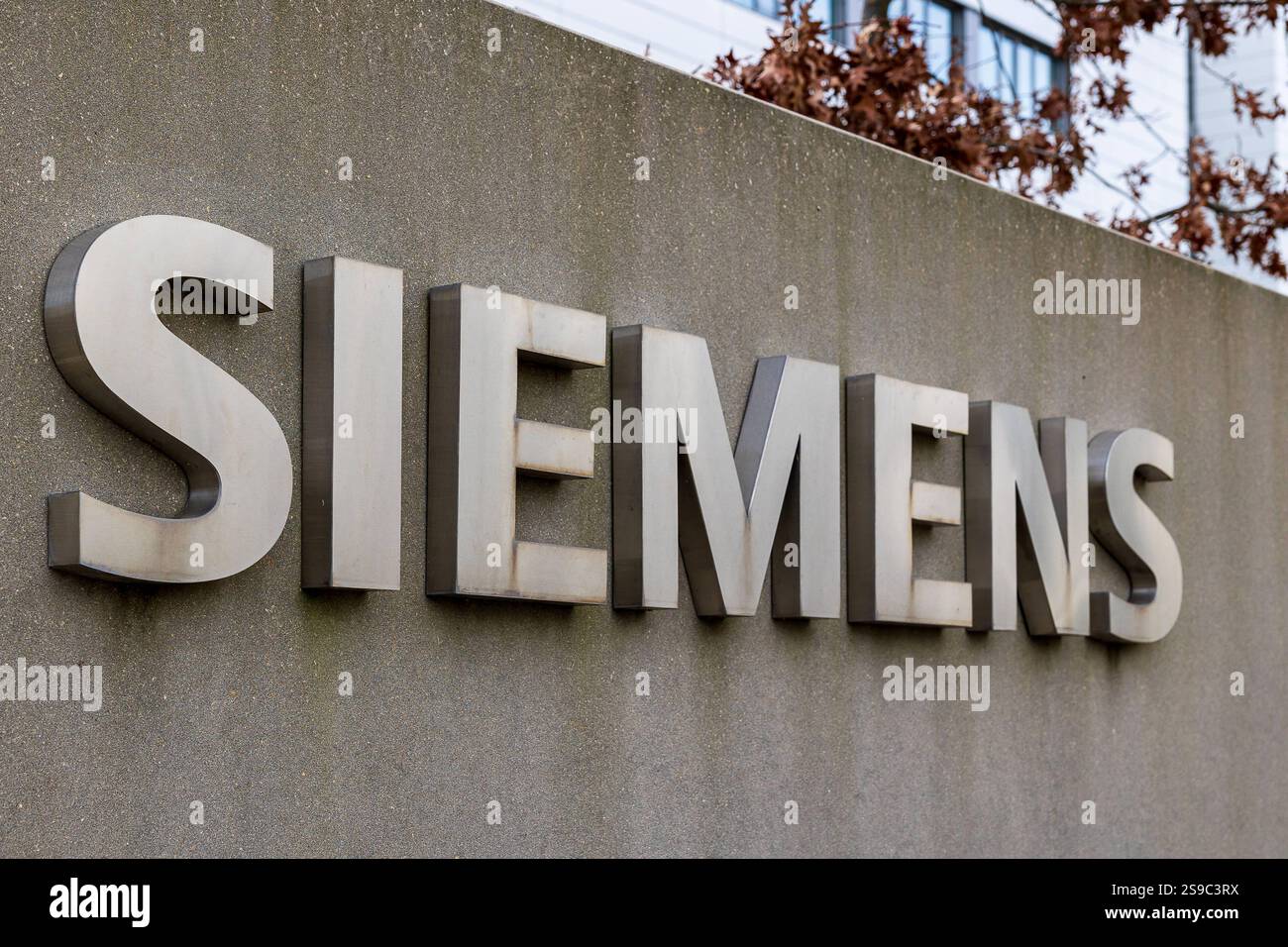 Siemens Campus, Erlangen, 25.01.2025 Eine Nahaufnahme des Siemens-Logos auf einer grauen ...
