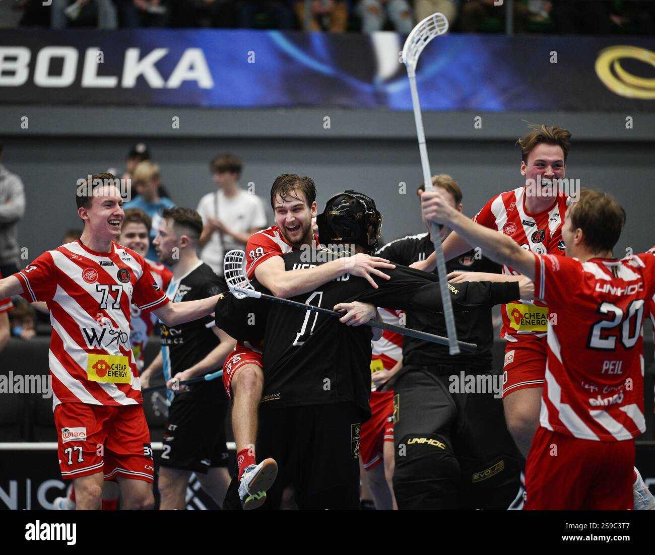 Pixbo IBK Wallenstam players celebrate victory in the Men's floorball ...