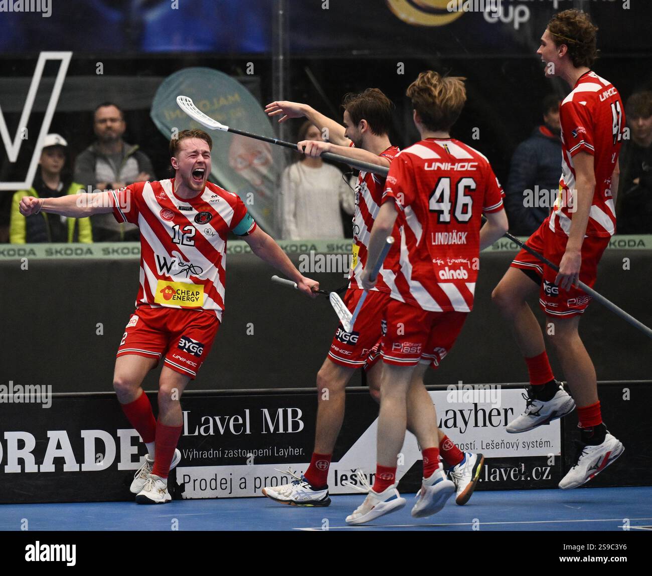 Pixbo IBK Wallenstam players celebrate victory in the Men's floorball ...