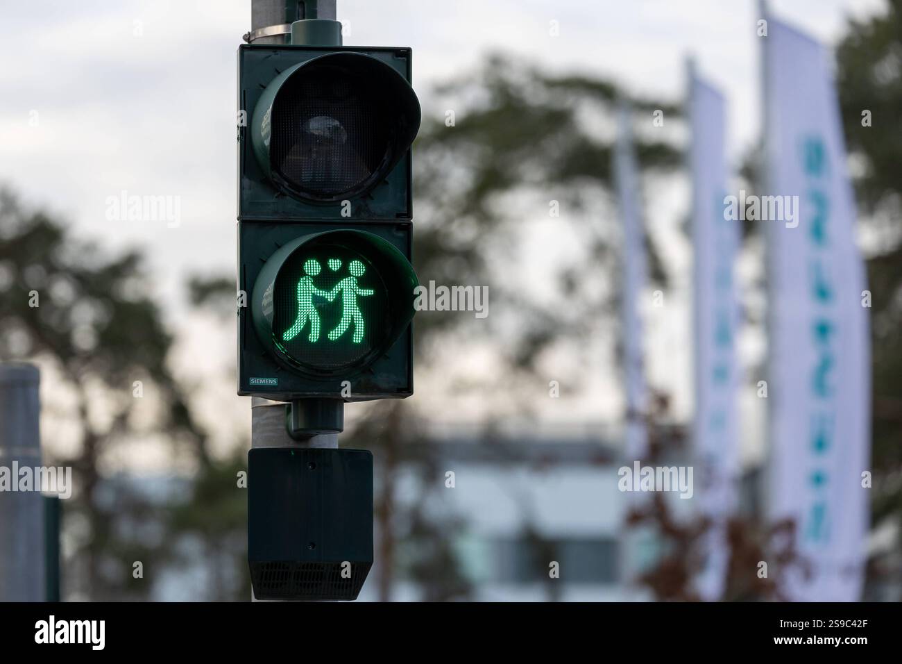 Siemens Campus, Erlangen, 25.01.2025 Eine Nahaufnahme einer Fußgängerampel mit grünem Licht, die ...