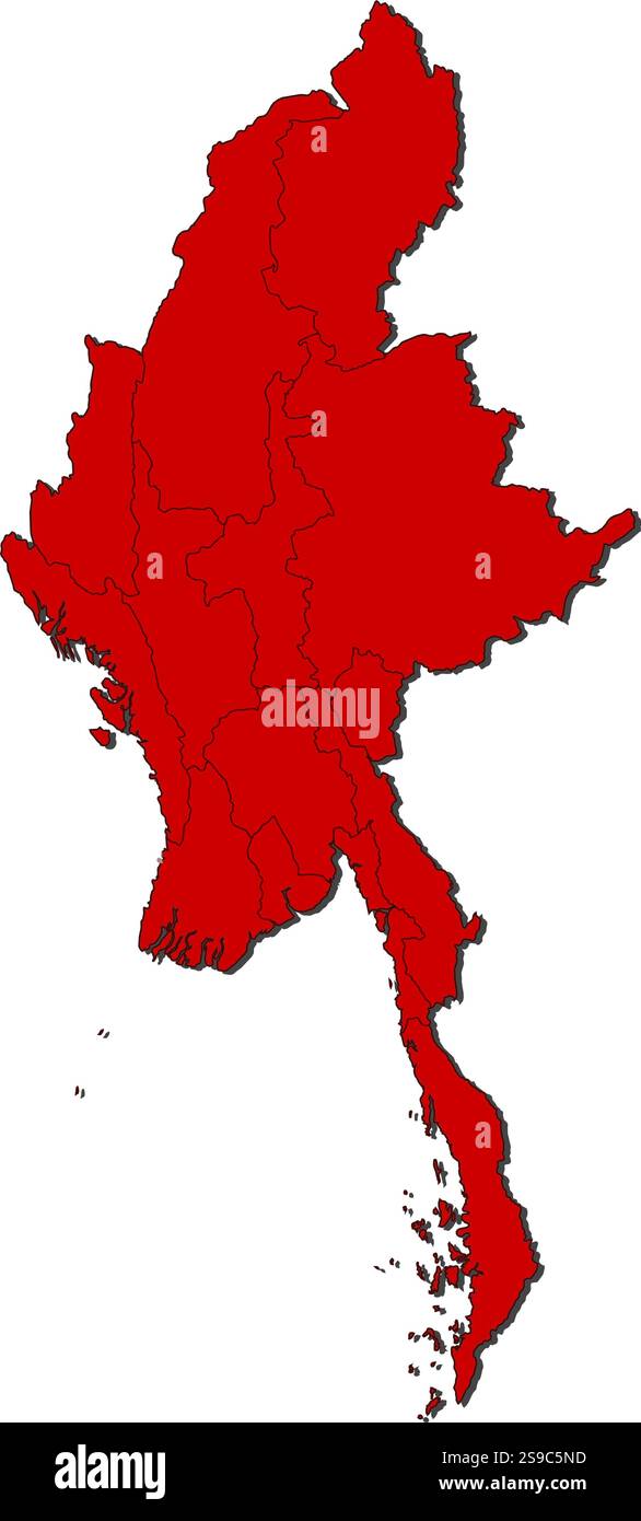 Map of Myanmar with the provinces, colored in red Stock Vector Image ...