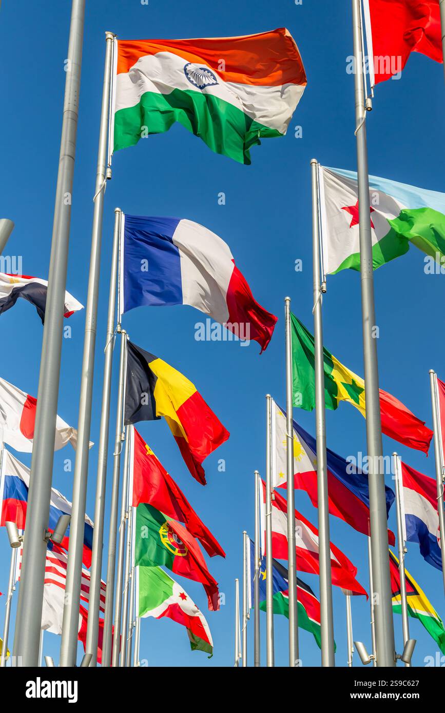 Many world countries national flags waving on the wind, with Indian ...