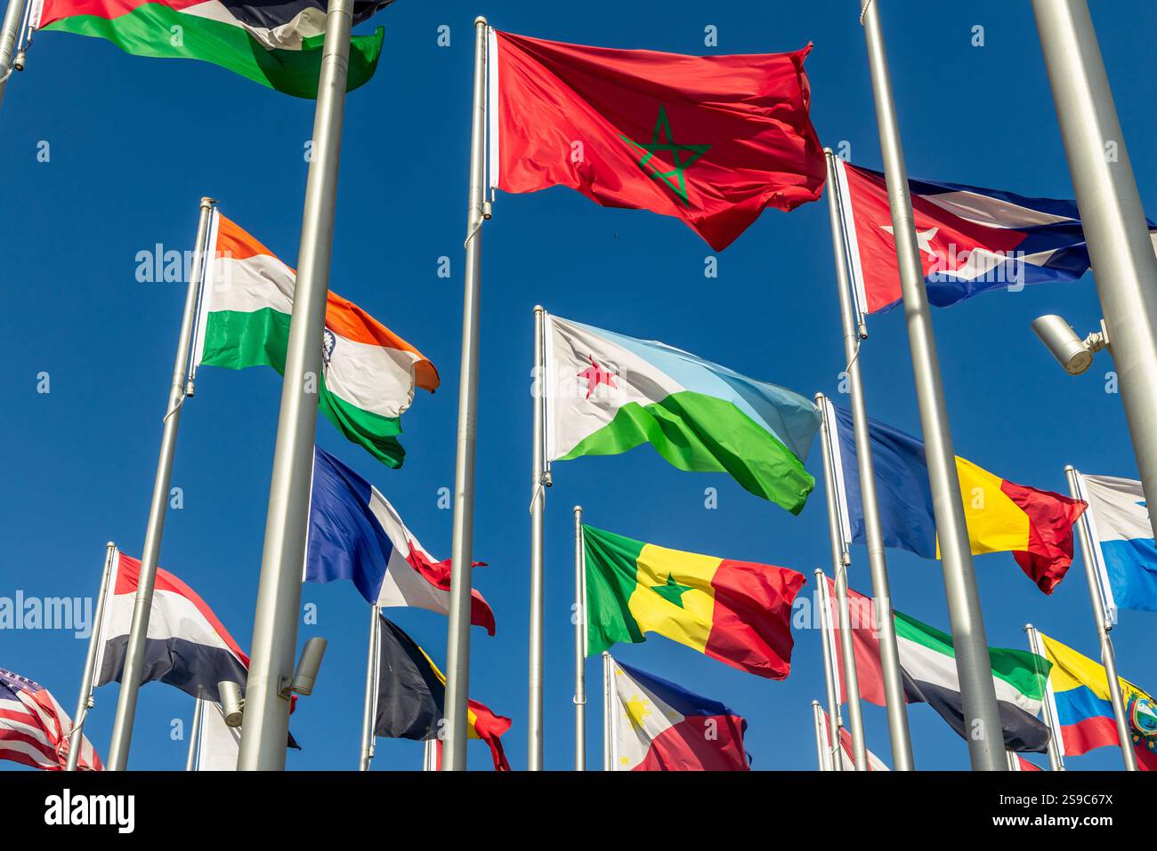 Many world's countries national flags waving on the wind, with Djibouti ...
