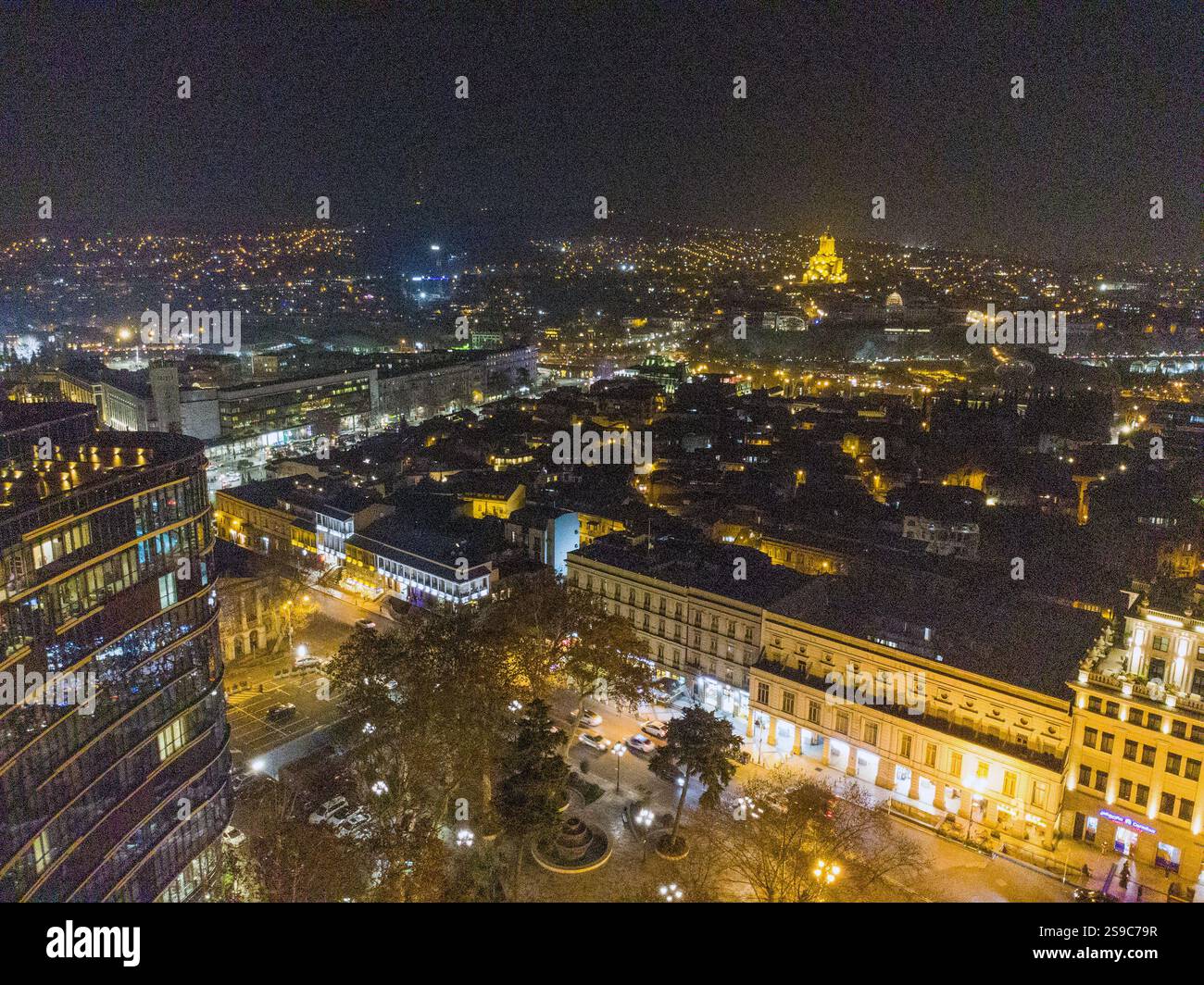 Drone point of view on night Tbilisi , and Holy Trinity Cathedral of ...