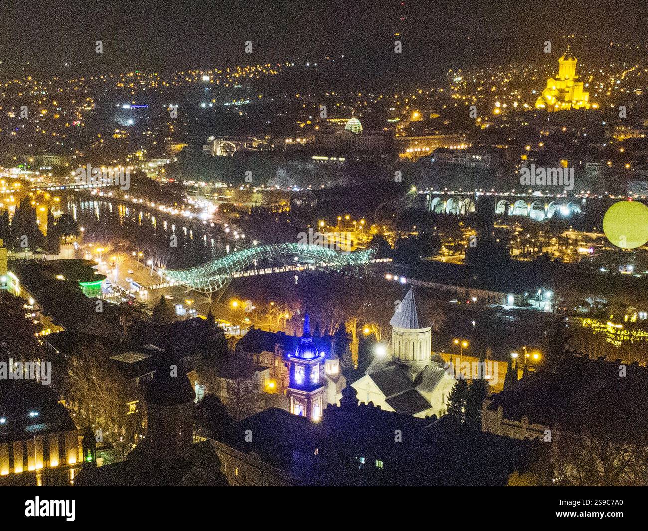 Drone point of view on night Tbilisi , and Holy Trinity Cathedral of ...