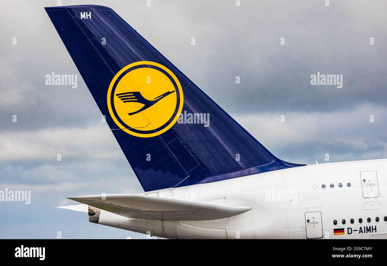 Munich, Germany, 17th Sep 2024: Tail fin of an Airbus A380-841 with the ...