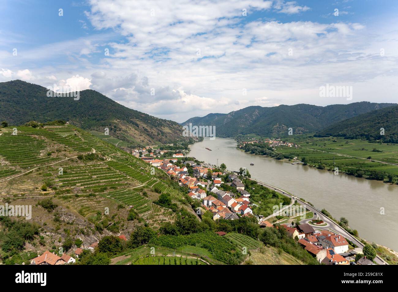 Landscape of Spitz an der Donau town in Austria, EU with Danube river ...