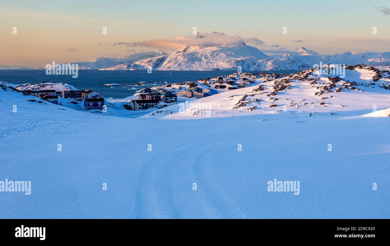 Nuuk city snow landscape with lots of colorful Inuit houses on the ...