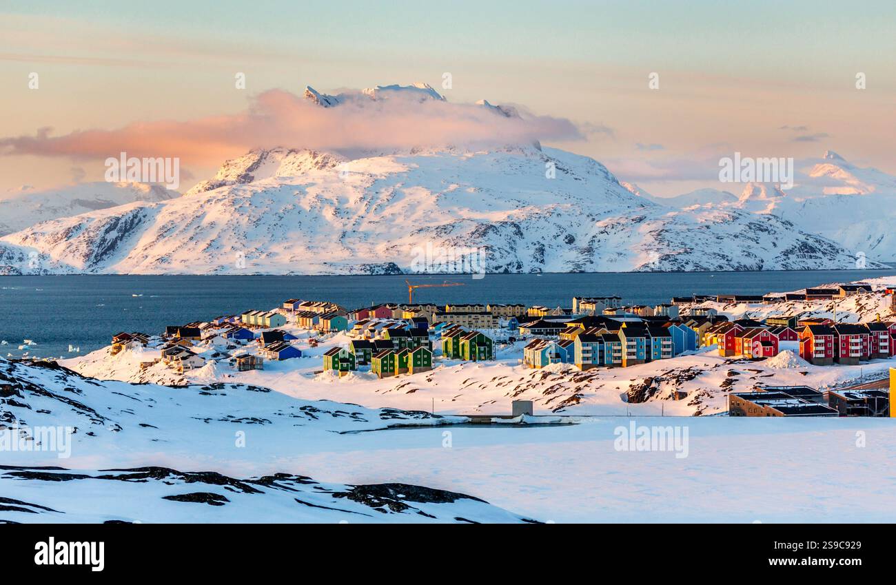 Nuuk city colorful landscape with lots of colorful Inuit houses on the ...
