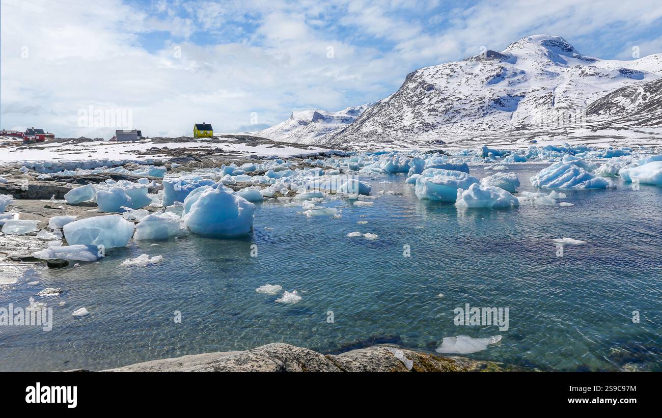 Fjord lagoon full of icebergs near abandoned Qoornoq former fishermen ...