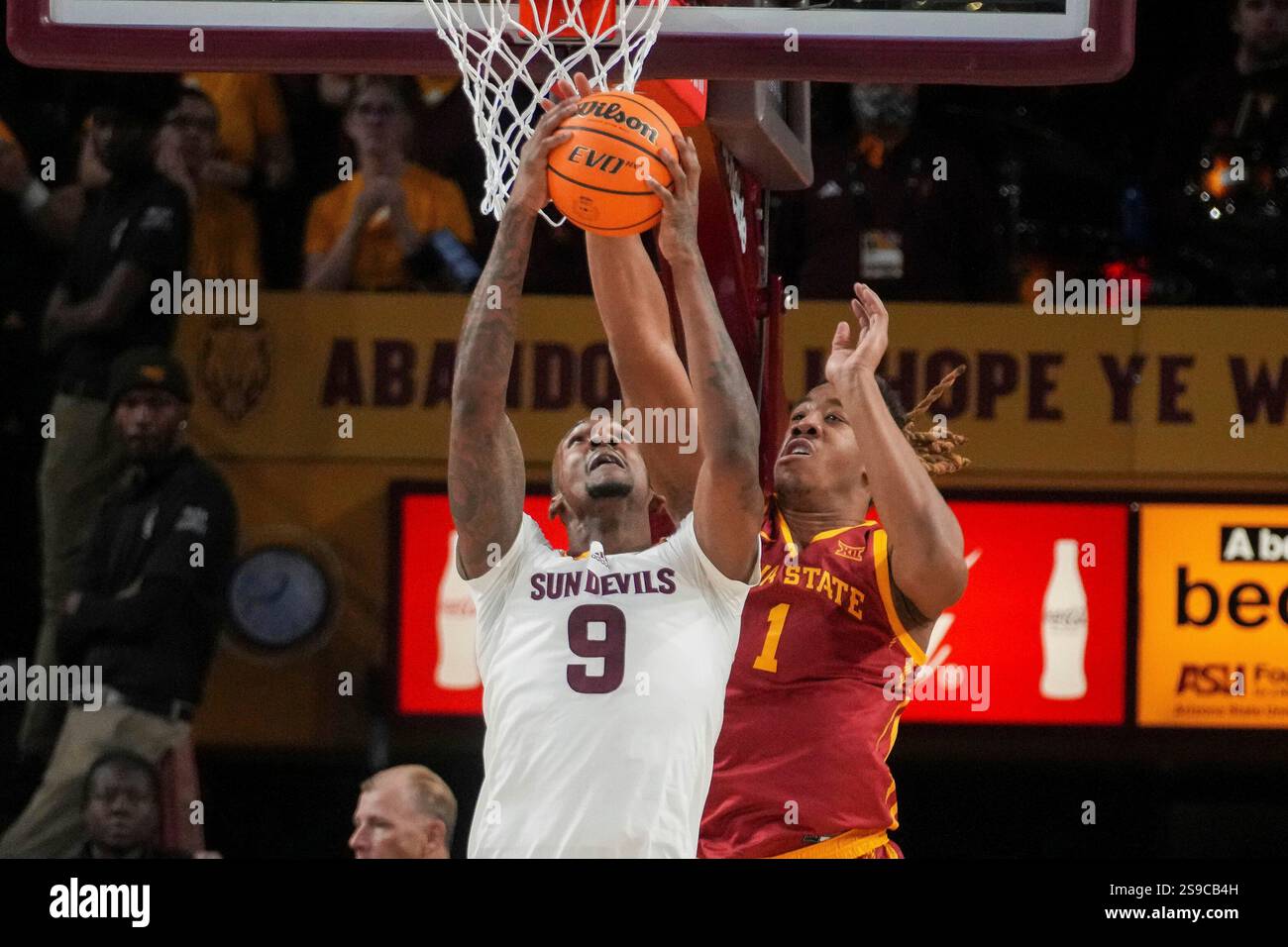 Arizona State center Shawn Phillips Jr. (9) is fouled by Iowa State ...