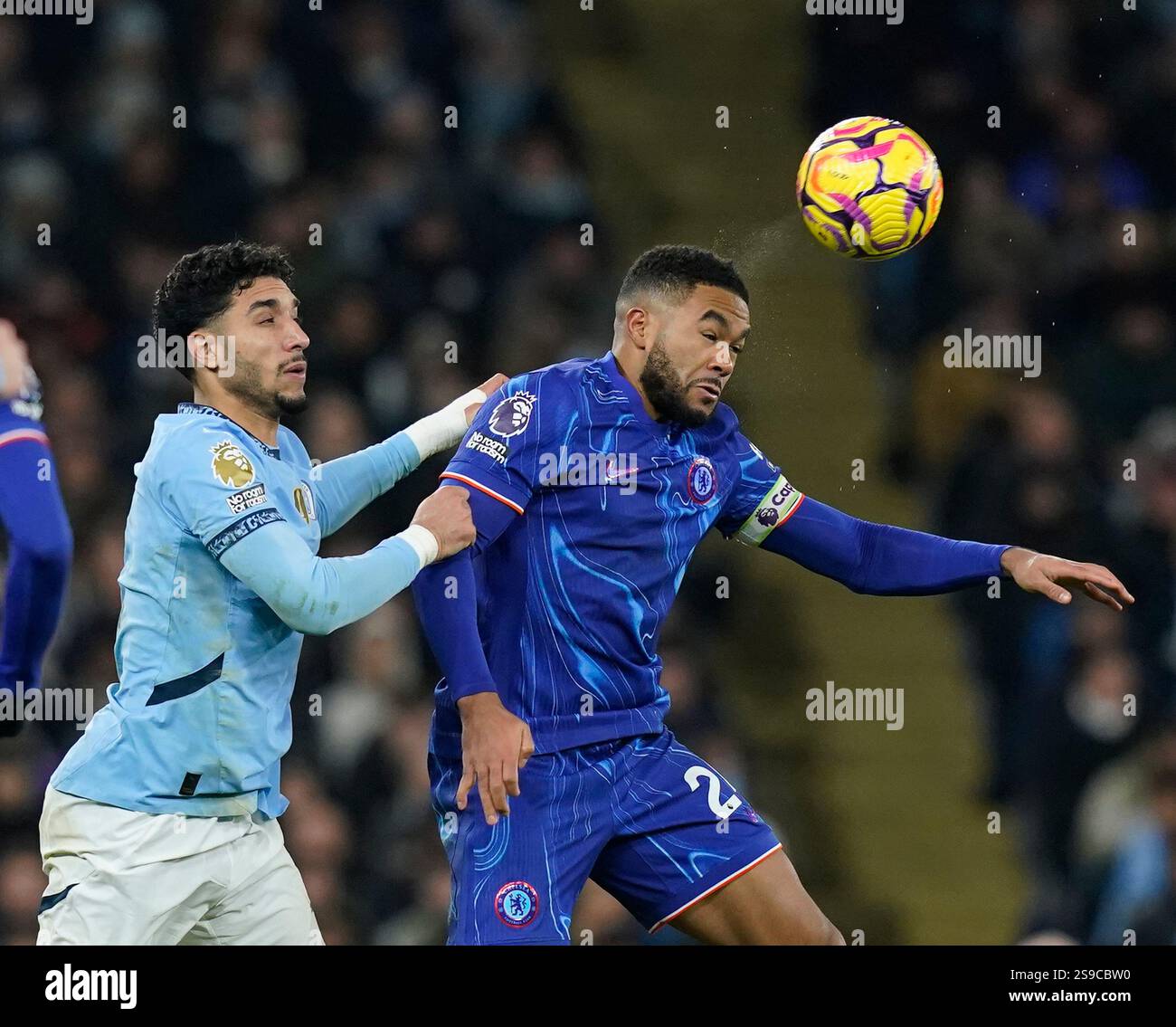 Manchester, England, 25th January 2025. Reece James of Chelsea (R ...