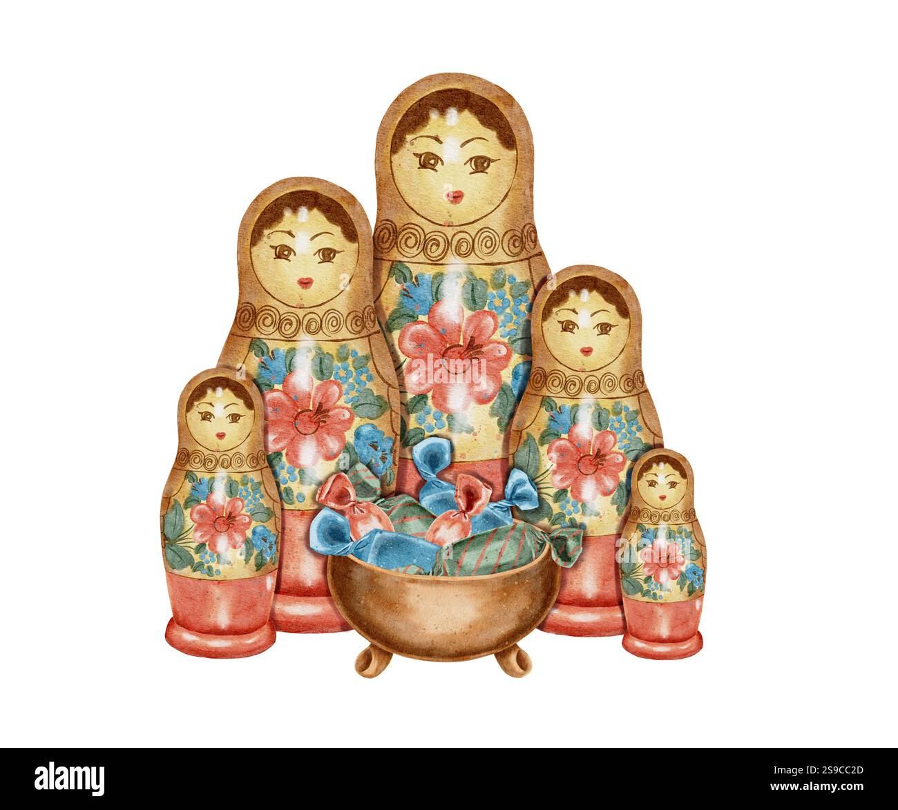 Group Russian folk matryoshka wooden and multicolored candies in deep bowl. Watercolor ...