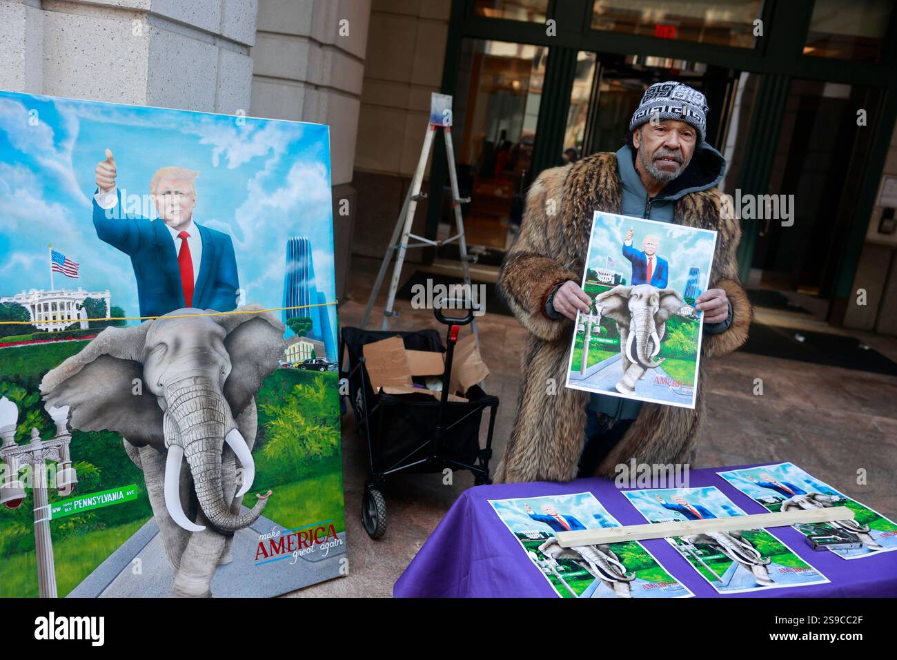 Vendors sell Donald Trump riding an elephant paintings and prints on ...