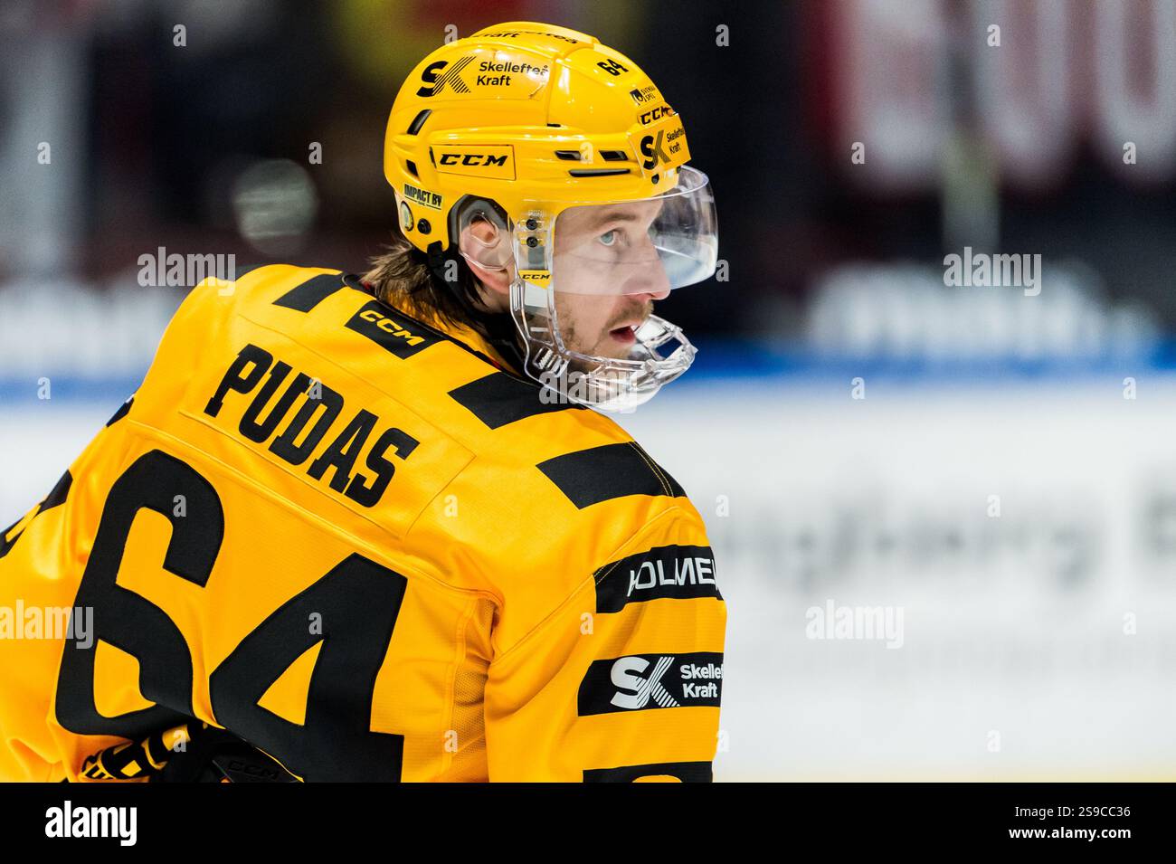 250125 Skellefteås Jonathan Pudas deppar under ishockeymatchen i SHL mellan Malmö Redhawks och ...